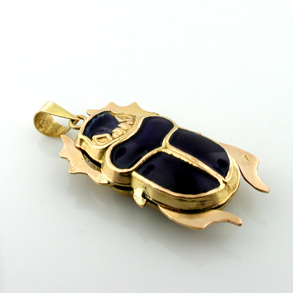 18K Gold Reversible Egyptian Enameled Scarab 3D Vintage Charm Pendant