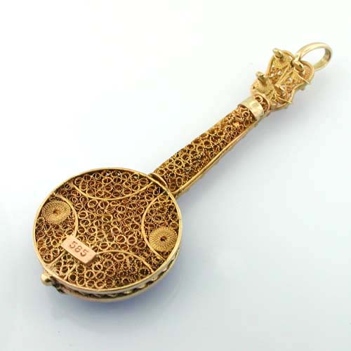 Rare Vintage 14K Gold Handmade Filigree Banjo Mandolin Musical Pendant ...