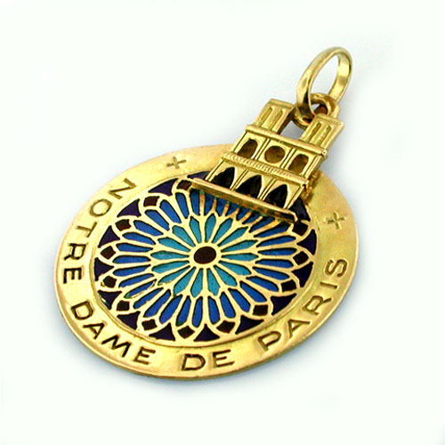 18K Gold Notre Dame de Paris Plique a Jour Enamel Mosaic Vintage ...